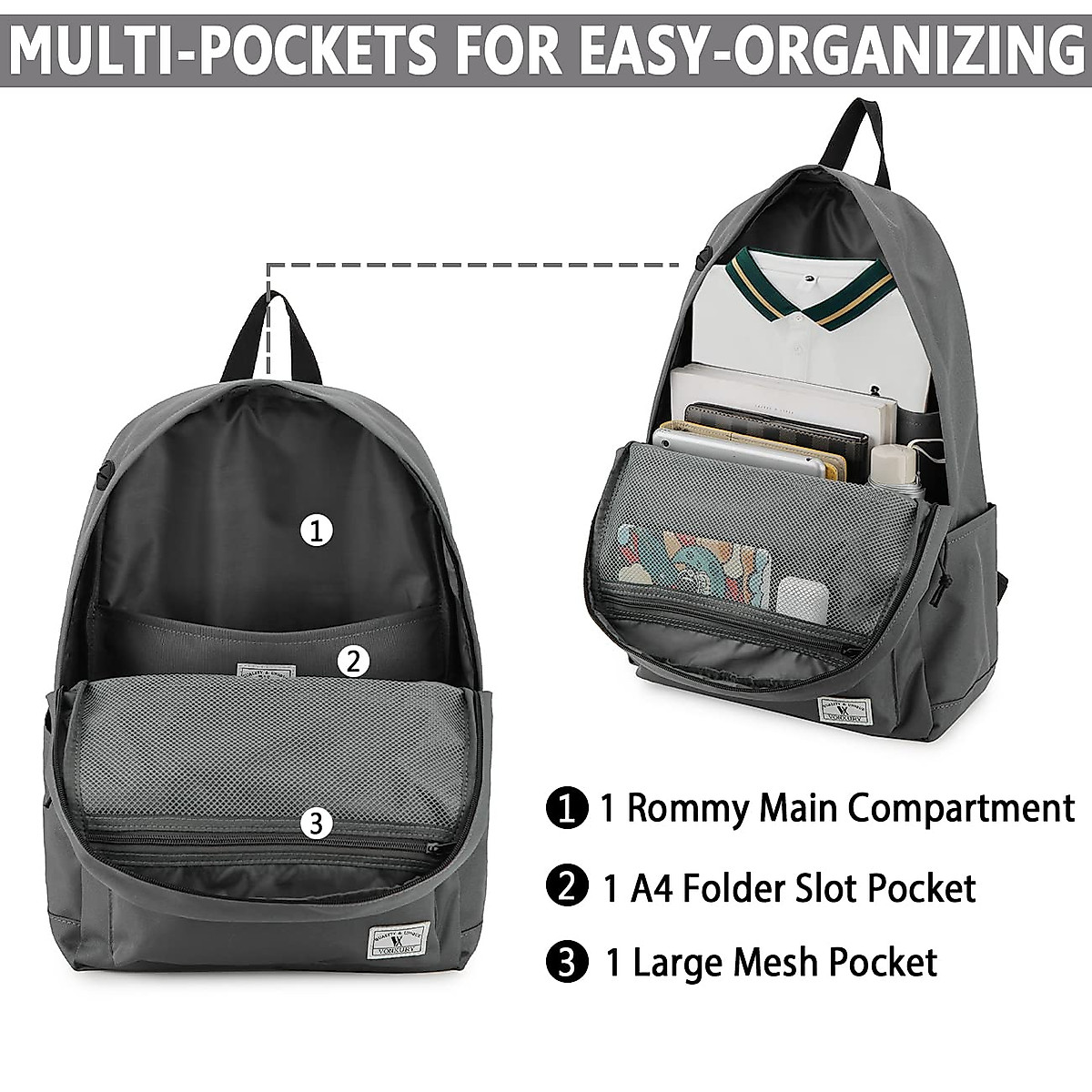 VX VONXURY Lightweight School Backpack for Teen Boys and Girls,Water Resistant Bookbag for Travel Work(Grey)