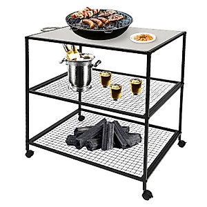 3-Shelf Outdoor Grill Cart Table w/Wheels,Movable Food Prep Table with 3 Storage Shelves,Stainless Steel Rolling Dining Cart Table for Pizza Oven,Food Prep,Outdoor Garden BBQ Trolley (With Handle)