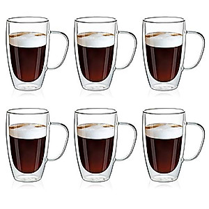 MEWAY 16oz/6 pack Coffee Mugs, Thickened Clear Glass Double Wall Cup with handle for Coffee, Tea, Latte, Cappuccino (16 oz，6)