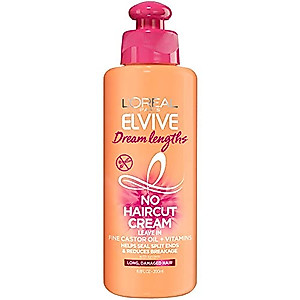 L’Oreal Paris Elvive Dream Lengths No Haircut Cream Leave in Conditioner With Fine Castor Oil, Vitamins B3, B5 for Long, Damaged Hair, Helps Seal Split Ends and Reduces Breakage With System 6.8 FL; Oz