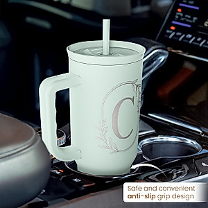 Personalized Monogrammed Tumbler with Handle 40oz, Letter C Tumblers Insulated Coffee Travel Cup, Custom Initial Gift for Women Girls Friends, Monogram Gift for Christmas Birthday Mothers Day