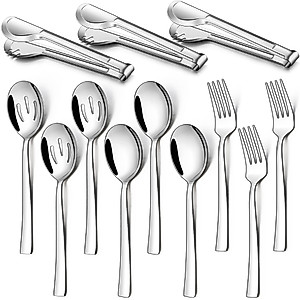 LIANYU 12 Piece Serving Utensils, Stainless Steel Serving Spoons Set, Include 3 Serving Spoons, 3 Slotted Spoons, 3 Serving Forks, 3 Metal Tongs for Kitchen Buffet Party Banquet Entertaining