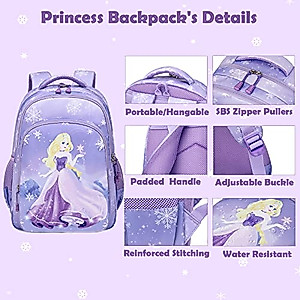 Princess Backpacks for Elementary School Girls, 3 in 1 Purple Schoolbag Set with Lunch Box Pencil Pouch Cute Bookbag with Chest Strap for Toddler Preschool Kindergarten Elementary Kids Girls