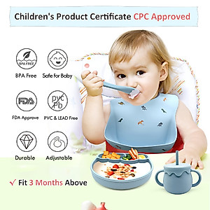 Santi & Me Baby Feeding Set Divided Plate with Suction, Adjustable Silicone Bib, Toddler Training Sippy Cup with Straw, Baby Led Weaning Spoon, Rainbow Plate Dishes and Utensils Set(Dusty blue)