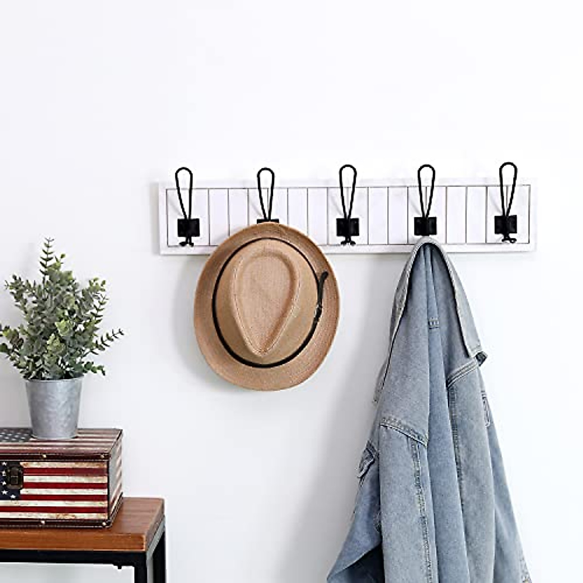 MyGift Farmhouse Wall Mounted White Wood and 5 Black Metal Wire Loop Dual Hooks Coat Rack, Decorative Hangers for Entryway Hats, Bathroom Towels, Closet Clothes