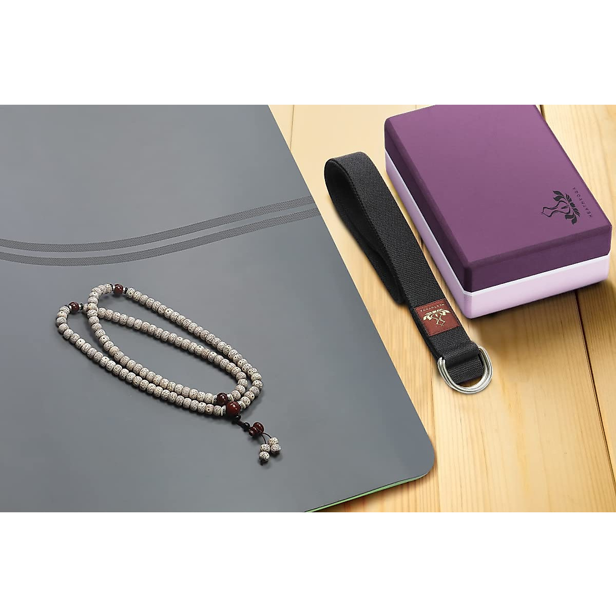 Heathyoga Yoga Blocks 2 Pack with Strap, High Density EVA Foam Yoga Block and Yoga Strap Set to Support and Improve Poses and Flexibility (Purple)
