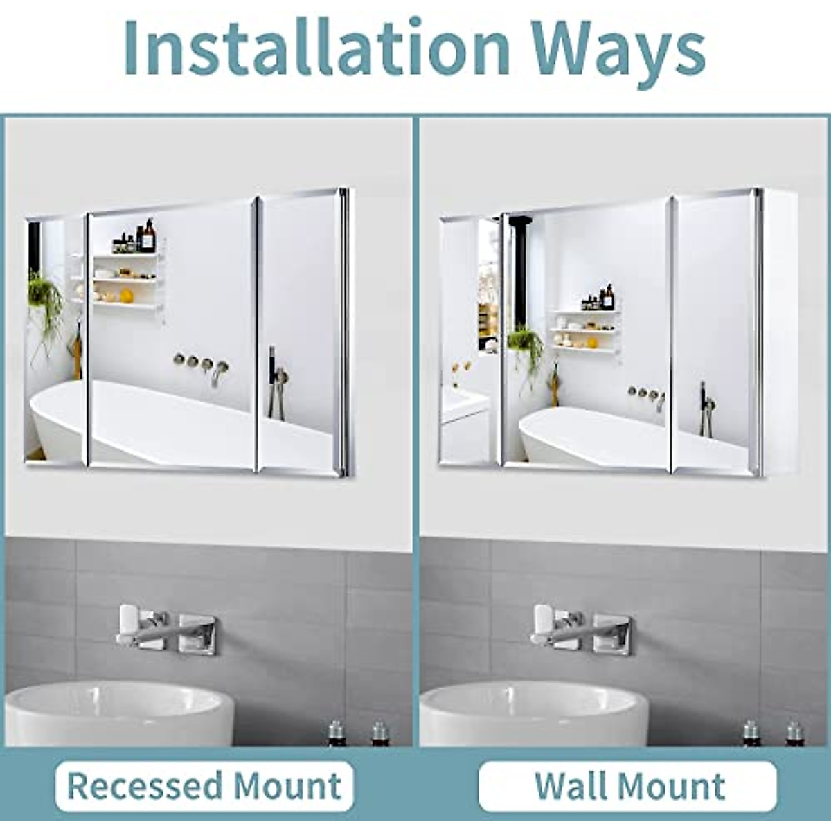 Polibi Aosmay Medicine Cabinet with Mirror/Large Storage Space/Adjustable Shelves/Soft-Closing Hinge/Three Doors, Surface Mount or Recess Aluminum, 36 * 26 Inches