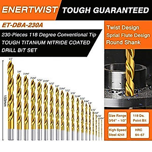 ENERTWIST Titanium Drill Bit Kit Set for Metal and Wood 230-Piece - Coated HSS Conventional 118 Deg Tip from 3/64inch up to 1/2 Inch, ET-DBA-230A