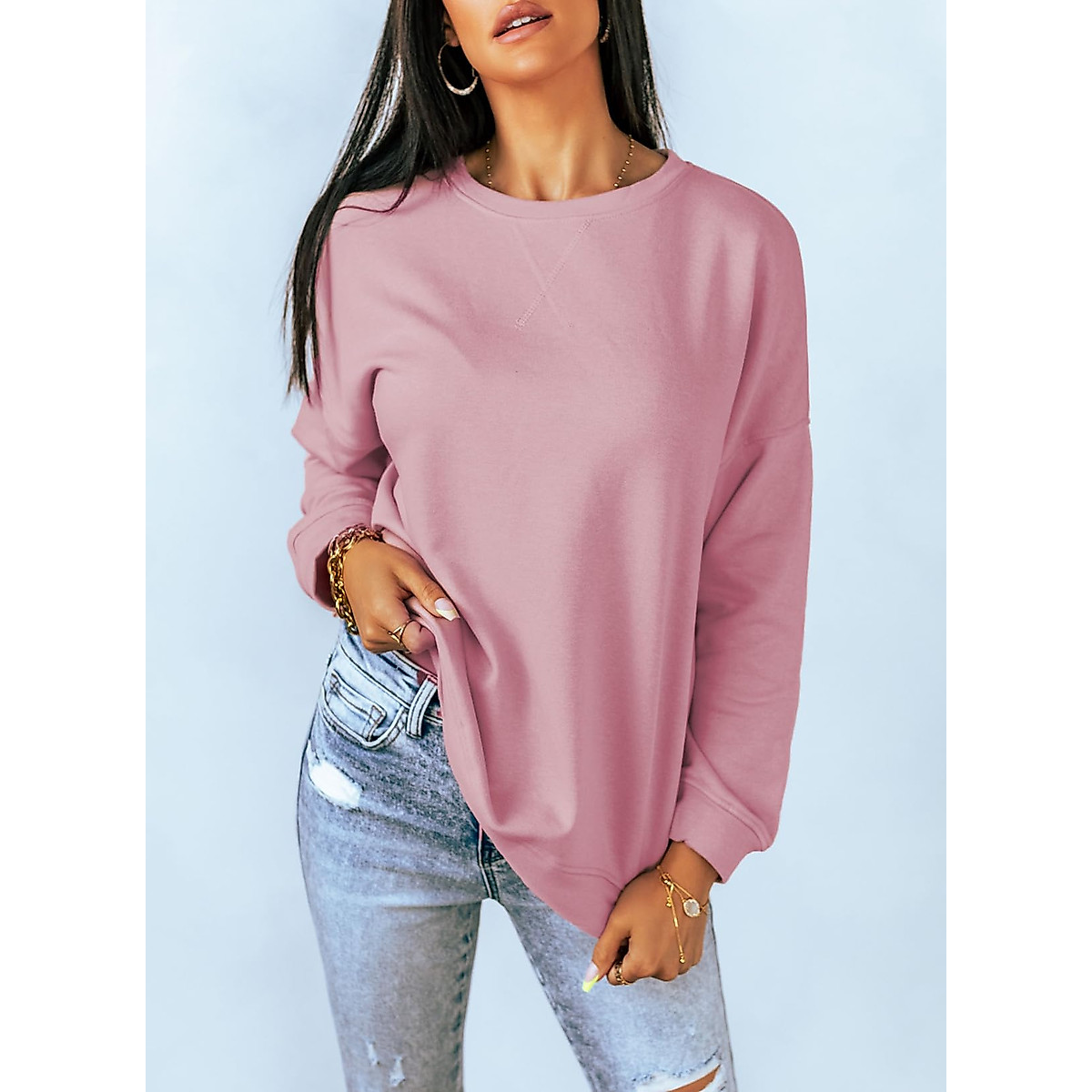 Dokotoo Women's Ladies Casual Long Sleeve Crewneck Sweatshirt Side Split Loose Fit Solid Basic Pullover Tunic Shirts Tops Sweatshirts for Teen Girls 2024 Fashion Fall Pink Medium