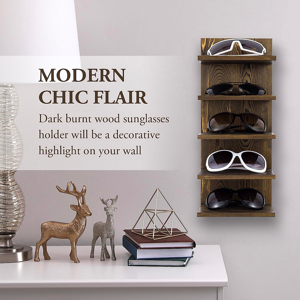 MyGift 5 Tier Rustic Burnt Solid Wood Sunglasses Holder Rack, Wall Mounted Eye Glasses Shelf or Tabletop Display Stand, Retail Eyewear Showcase Storage Organizer