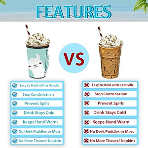 Reusable Iced Coffee Cup Sleeve Kawaii Llama Animal Neoprene Insulated Sleeves Cup Holder with Handle Tumbler Sleeve Insulator Sleeves for Cold Hot Drinks Beverages 32oz