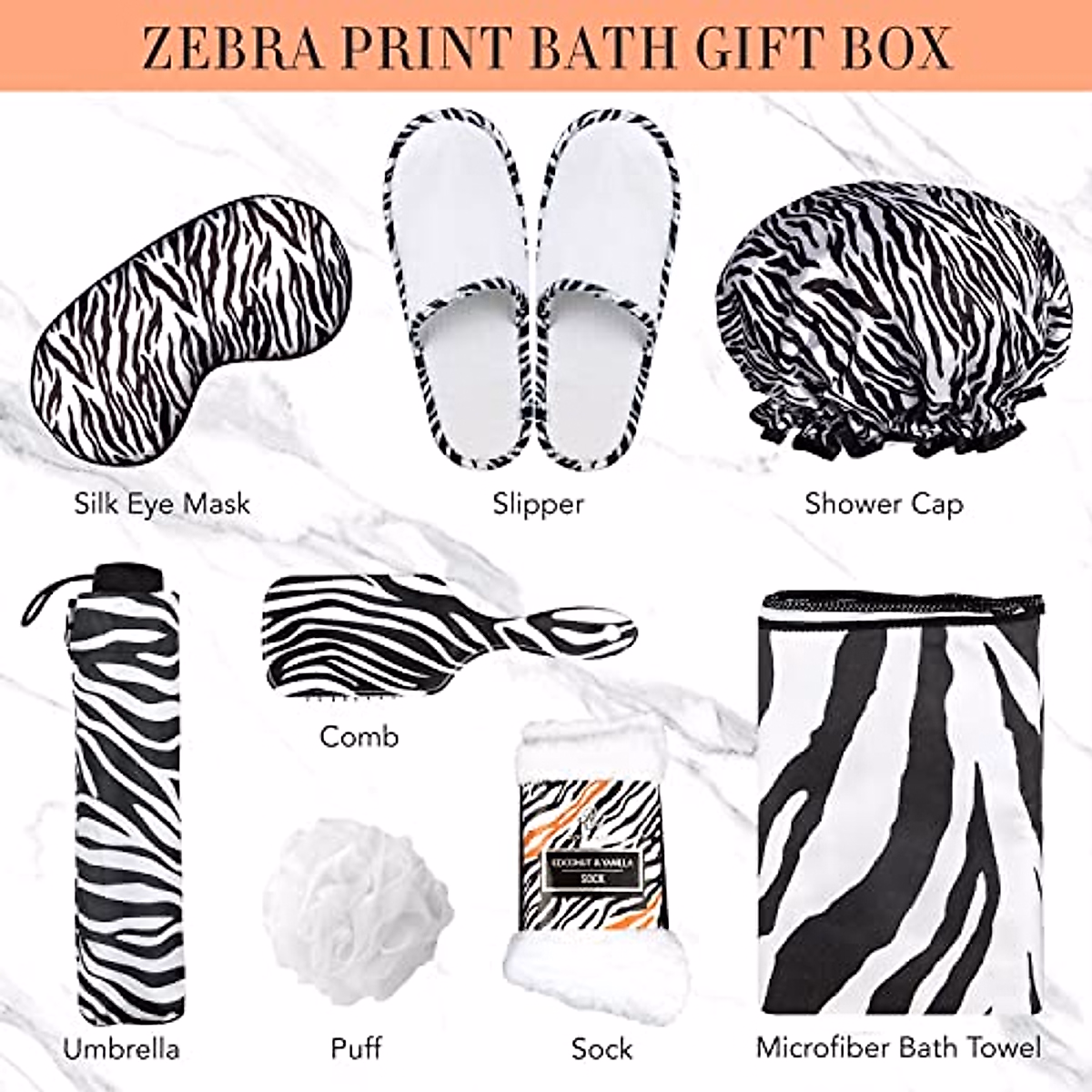 Rosa Acca Bath and Body Gift Spa Gift Set 20 Pcs Set Vanilla Coconut Zebra Spa Kit, Spa Bath Set for Women Gift with Body Lotion,Slipper,Pumic Stone,Soap & More for Christmas Holiday Thanksgiving Day