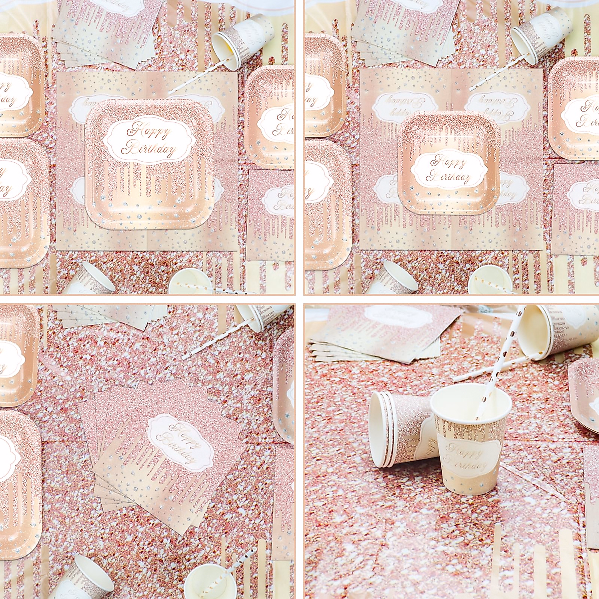 Rose Gold Party Supplies, Rose Gold Birthday Party Decorations for Girls, Women, Includes Dinner Plate, Dessert Plates,Tableware, Rose Gold Tablecloth, Cups, Table Napkins, Flag, Serves 20 Guests