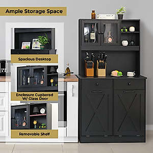 Arlopu Dual Tilt Out Trash&Storage Cabinet, Kitchen Sideboard Cupboard W/Pet Proof 10X2 Gal Hidden Garbage Holder, Freestand Laundry Sort Cabinet, W/Drawer, Shelves,Barn Door (Black)