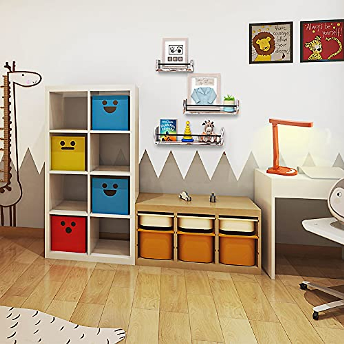 HOSOM Wall Shelves, Rustic Whitewashed Nursery Floating Wall Bookshelves, Organizer for Kids, Set of 3