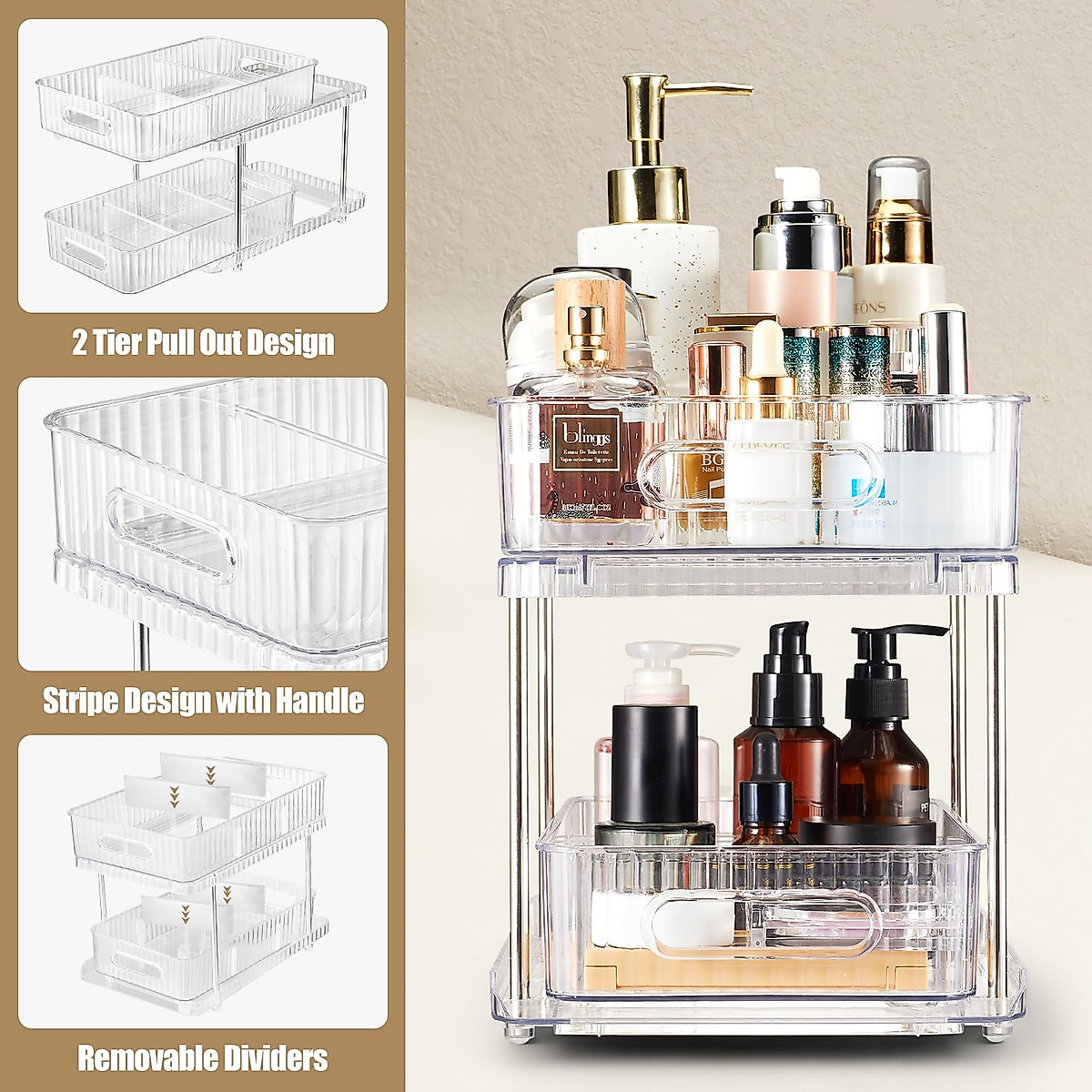Flytreal 2 Tier Vanity Makeup Perfume Organizer Tray, Bathroom Counter Organizers and Storage, Clear Skincare Cosmetic Holder, Multi-Purpose Under Kitchen Sink Medicine Cabinet Pull Out Organizer