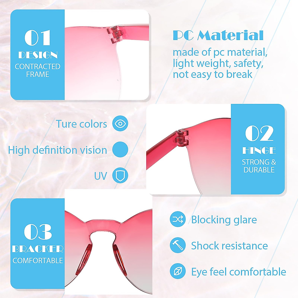 Hoteam 24 Pairs Colored Glasses Transparent Rimless Sunglasses Candy Color Tinted Glasses Cool Round Eyewear Fun Retro Eyeglasses for Women Girls Adult Teen Bachelorette Cosplay Party