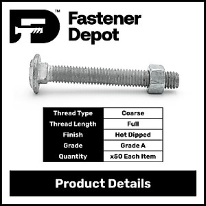 5/16"-18 x 4-1/2" Hot Dipped Galvanized Carriage Bolt w/Nuts, Full Thread, Grade A, Quantity 50 - by Fastener Depot, LLC