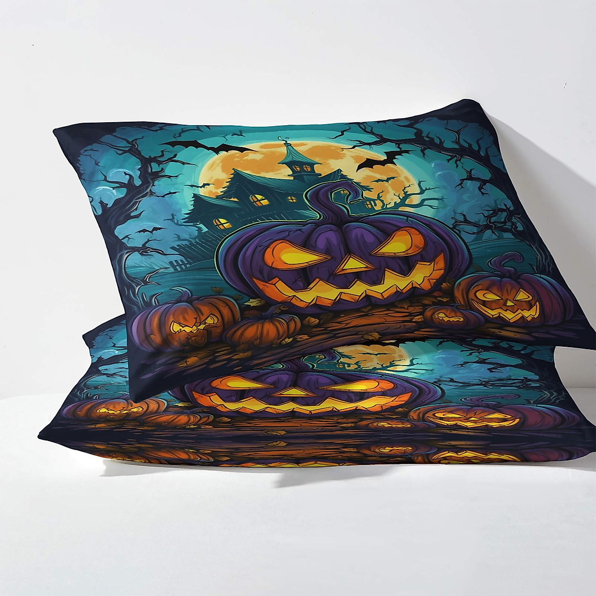 Halloween Sheets Full Size, Pumpkin Castle Dead Tree Bed Sheets, Patterned Bedding Sheets & Pillowcases 4 Piece Set - Soft Microfiber Deep Pocket Fitted Sheet & Flat Sheet & 2 Pillow Cases L6-&-4