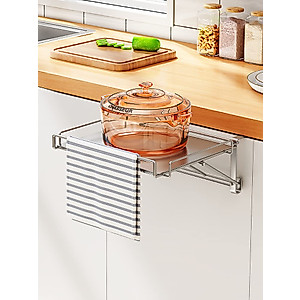 AYCWJZM Foldable Stainless Steel Door Hook Organizer & Countertop Shelf for Kitchen Cabinet Storage - Pot and Dish Rack Included. (Silver)