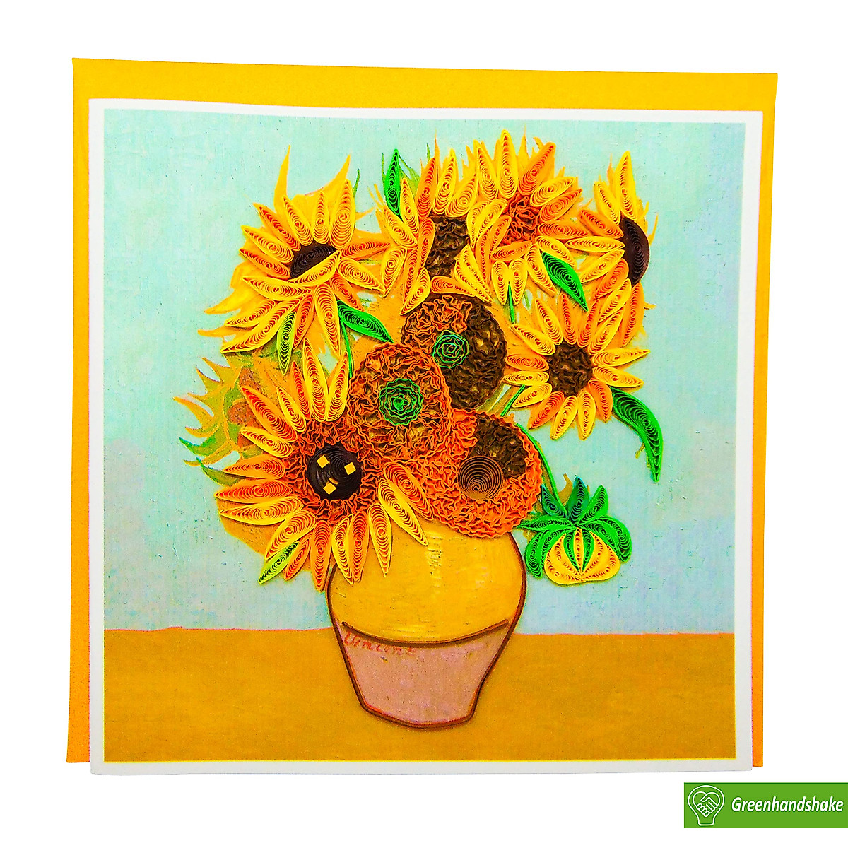 GREENHANDSHAKE Van Gogh's Vase with Sunflowers (1888) Quilling Art Greeting Card,Design Greeting Card for Birthday, Valentine's Day, Get Well, All Occasion. Framable Artwork for Art Lovers