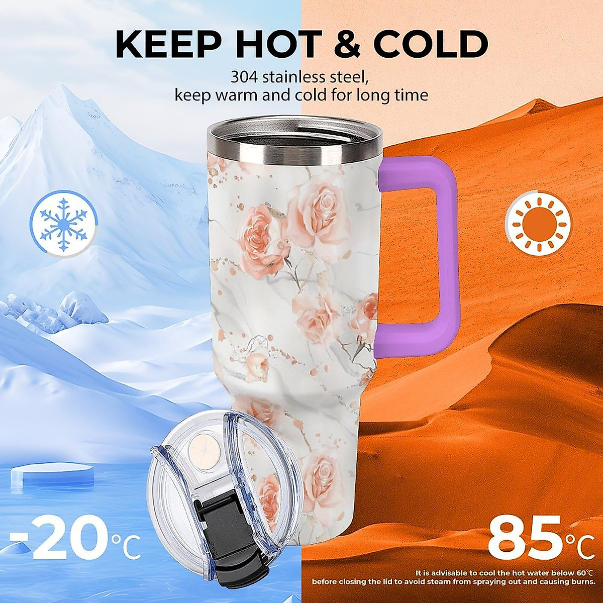 White Marble Rose Gold 40 Oz Tumbler Insulated Stainless Steel Water Bottle Travel Mug Car Cup with Handle And Straw