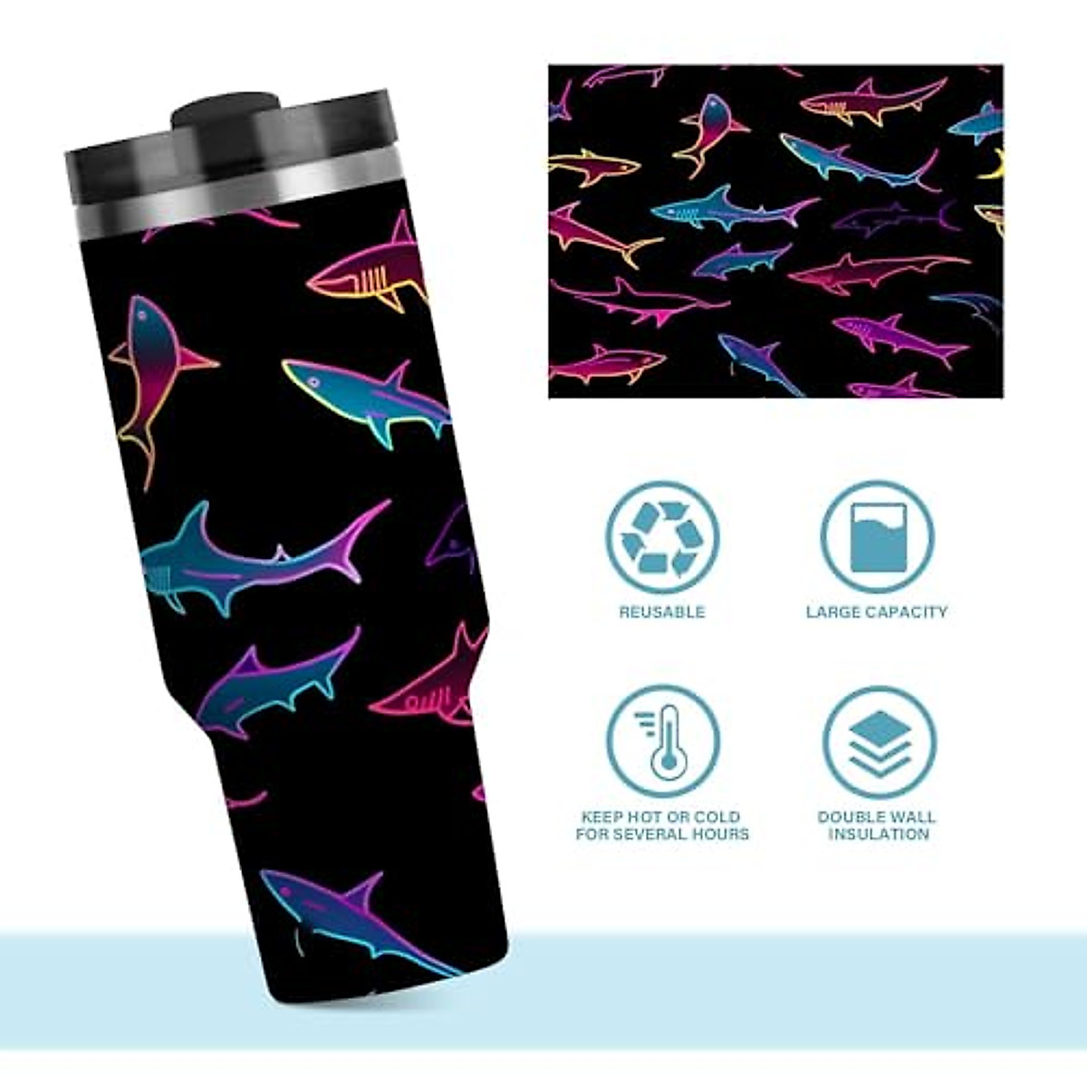 Flradish 30oz Tumbler with Handle, Colourful Sharks Stainless Steel Tumbler with Lid and Straws Double Wall Vacuum Insulated Leakproof Coffee Travel Mug