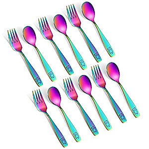 12 Pieces Kids Rainbow Silverware Stainless Steel Kids Utensils Forks and Spoons, Metal Toddler Cutlery Set Childrens Safe Flatware Sets for LunchBox, Dishwasher Safe