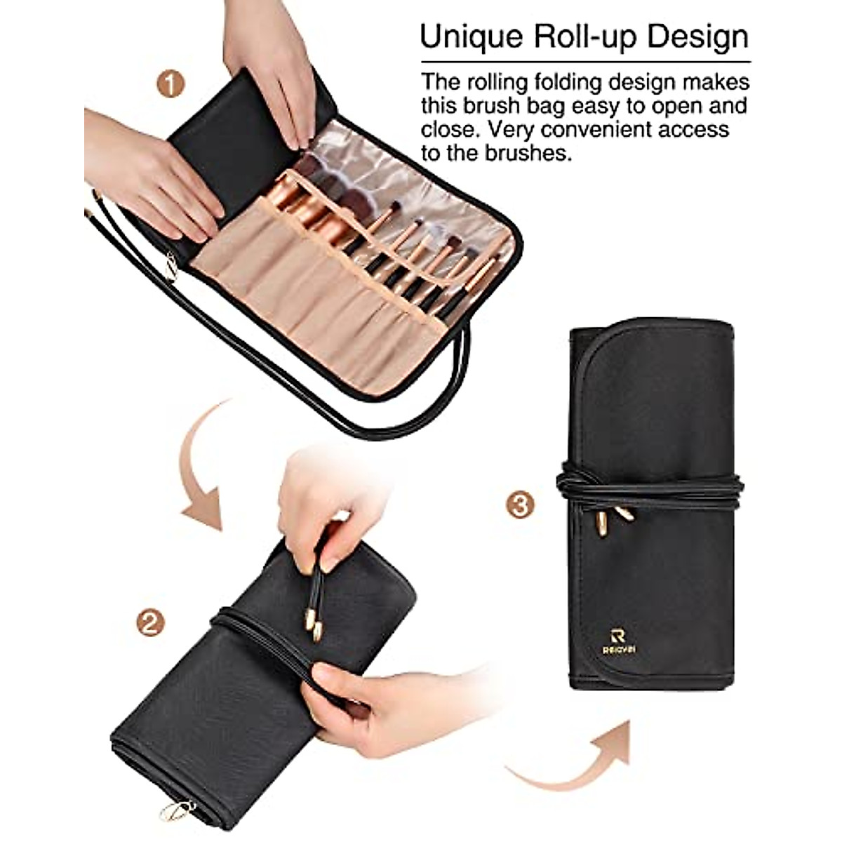 Relavel Makeup Brush Rolling Case Makeup Brush Bag Pouch Holder Cosmetic Bag Organizer Travel Portable Cosmetics Brushes Black Leather Case with Small Clear Bag