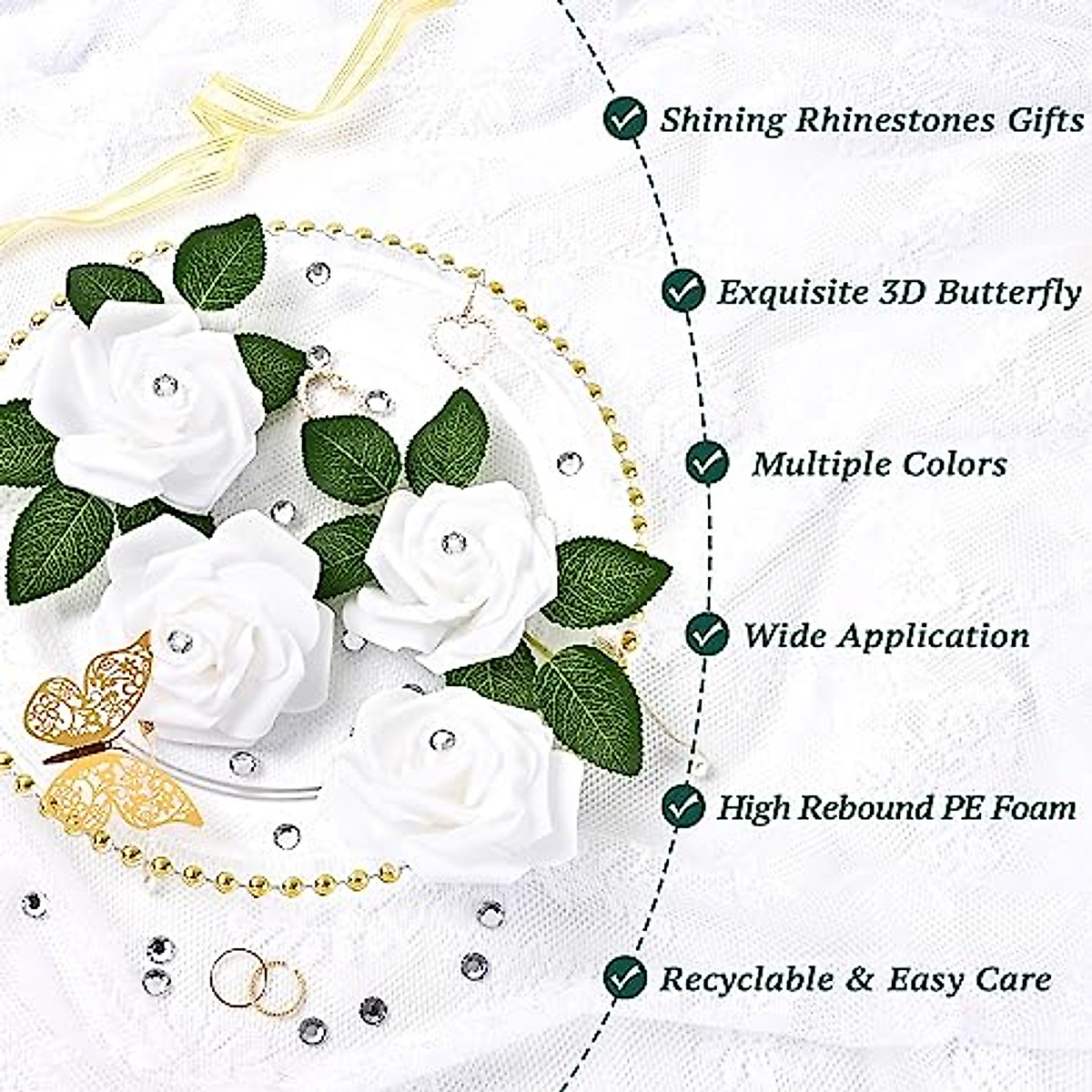Yastouay 50Pcs 3.5inch Foam Rose Heads White Artificial Flowers Bulk Fake Foam Roses Stemless with Rhinestones & Butterfly for DIY, Baby Bridal Shower Cake Home Wedding Decor