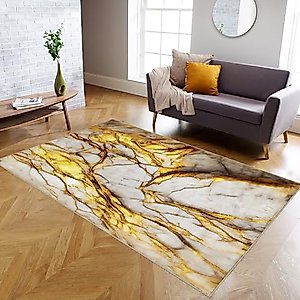 White and Gold Marble Area Rugs, 5x7ft Stylish Chic Aesthetic Kid Pet Friendly Indoor Rugs Soft Non Slip Washable Accent Carpet for Living Room Bedroom Entrance Hardwood Floor Decor