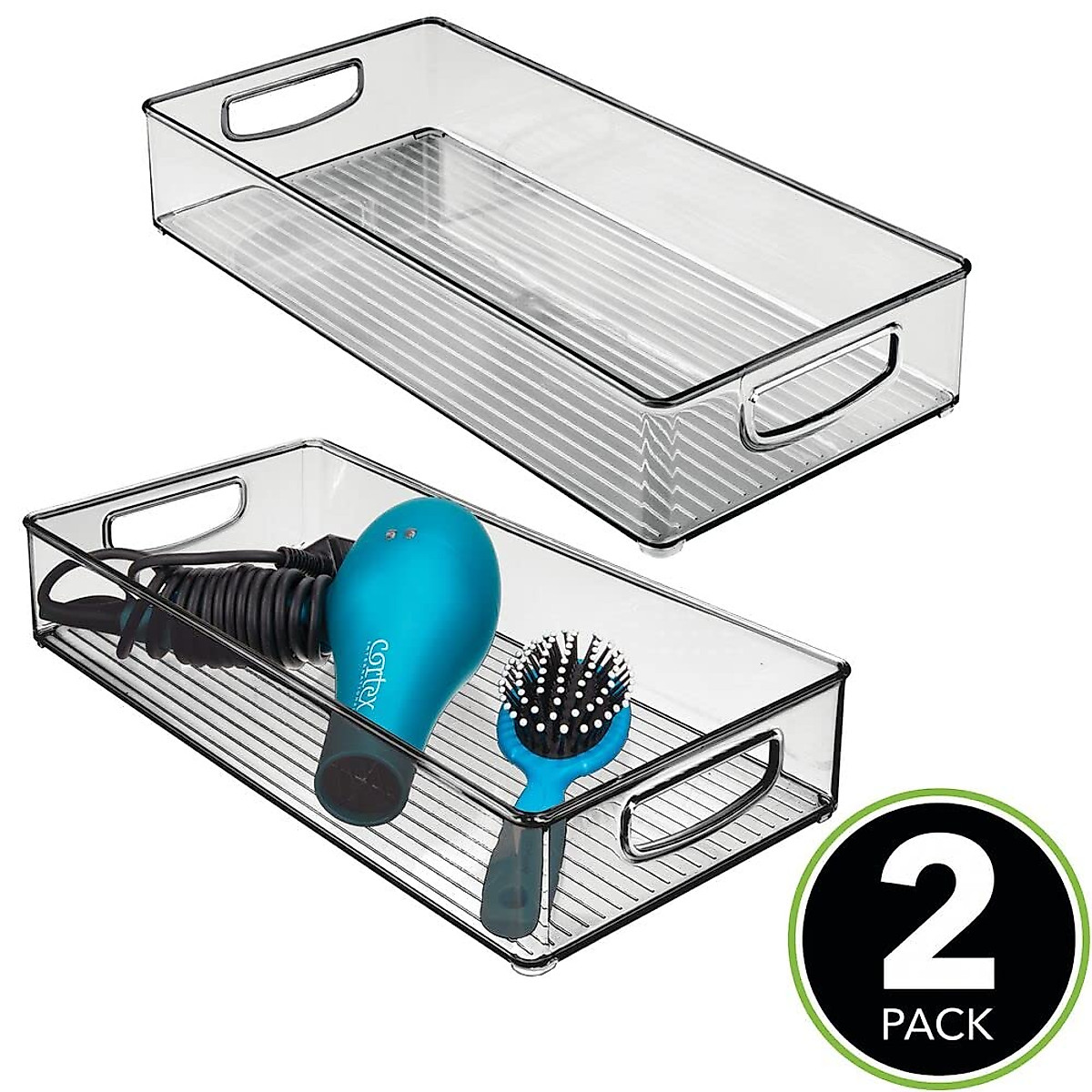 mDesign Plastic Stackable Storage Container Bin with Handles - Bathroom Cabinet Organizer for Makeup, Shampoo, Conditioner - 16" Long, 2 Pack - Smoke Gray