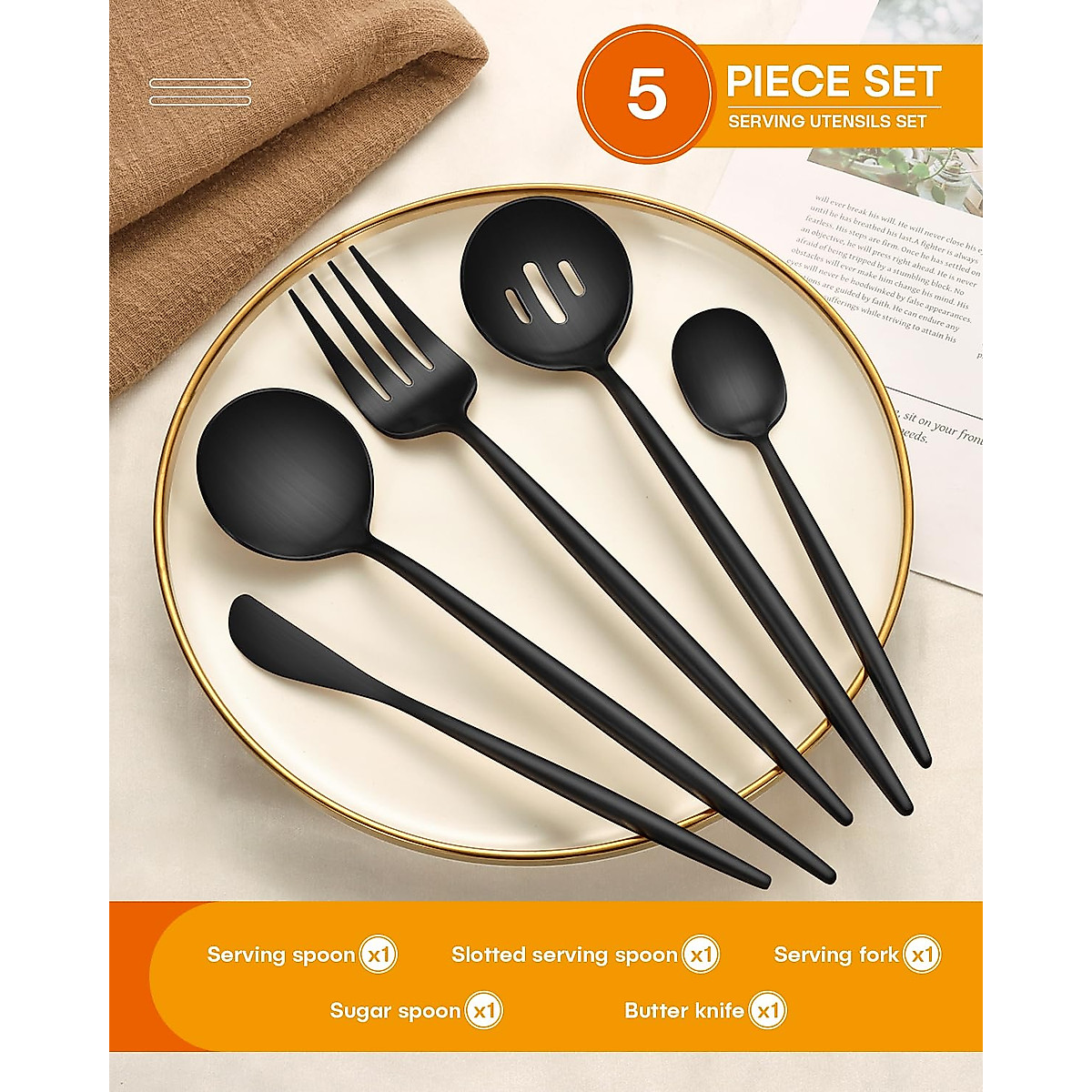 EUIRIO 5PCS Large Serving Utensils Set, Matte Black Hostess Flatware Serving Utensils, Heavy Duty Stainless Steel Serving Spoon, Slotted Spoon, Serving Fork, Sugar Spoon&Butter Knife, Dishwasher Safe