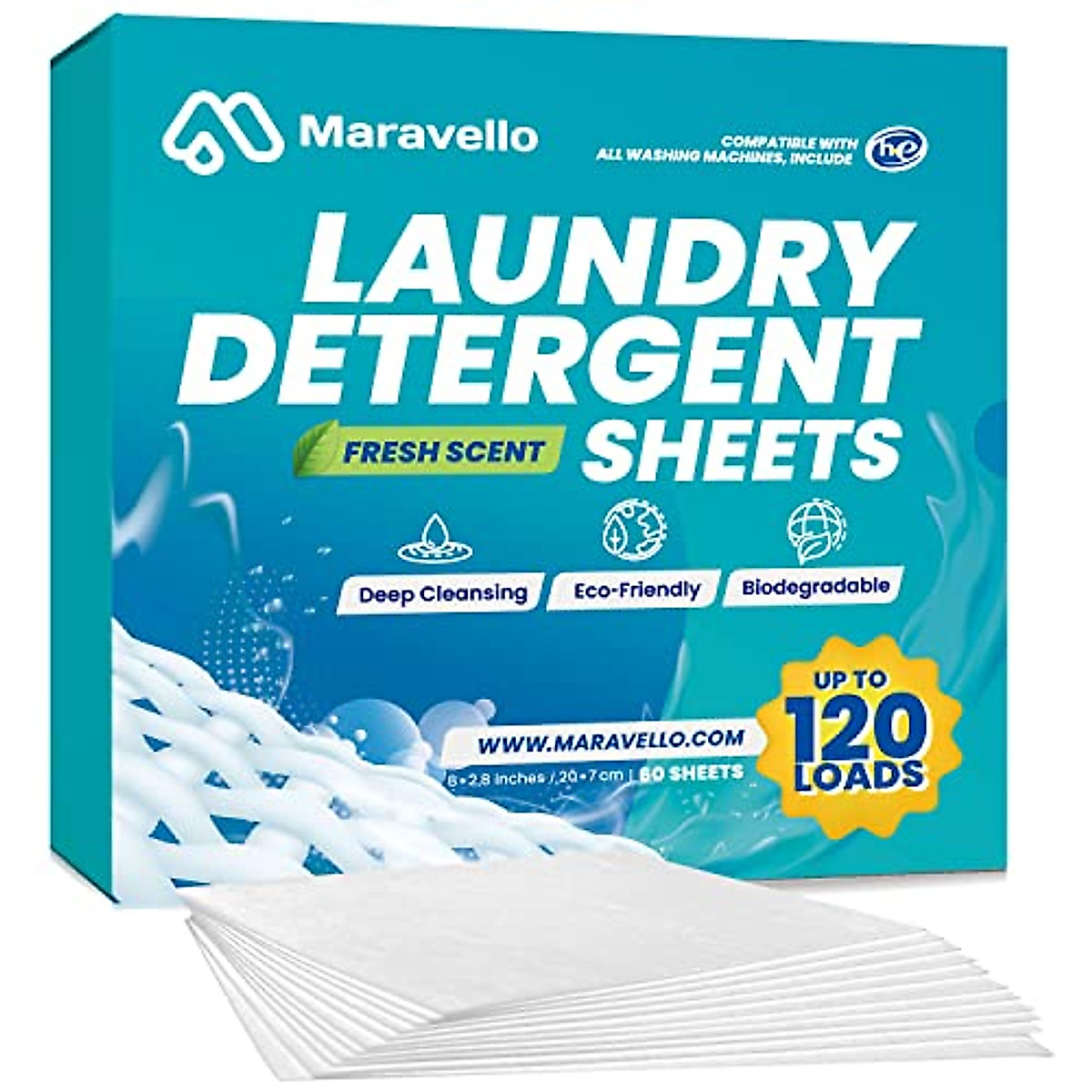 Laundry Detergent Sheets Fresh Scent: Maravello Hypoallergenic Laundry Soap -Eco-friendly Washing Detergent Sheets Plastic-Free Washer Sheets (Fresh Scent, 120 Count)