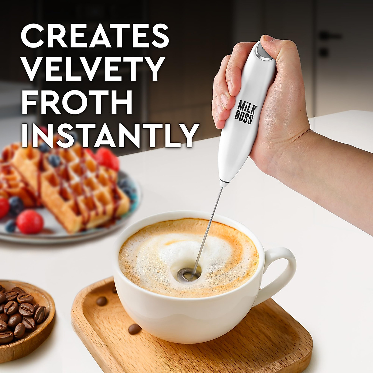 Milk Boss Matcha Whisk - Handheld Electric Stirrer - Matcha Frother Wand & Drink Mixer - Electric Whisk for Matcha Tea & Green Tea - Durable Stainless Steel Matcha Blender - White Powerful Frother