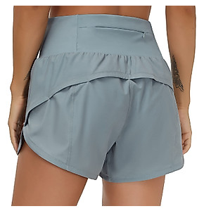 THE GYM PEOPLE Womens High Waisted Running Shorts Quick Dry Athletic Workout Shorts with Mesh Liner Zipper Pockets (Denim Blue, Large)