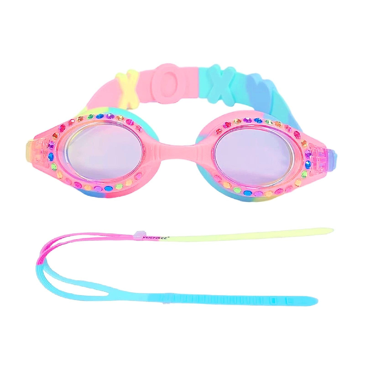 YUENREE Girls Swim Goggles - Bling Swimming Goggles for Girls Ages 4-12 - No Leak, Anti-Fog, UV Protection, Easy to Adjust and Non Slip - with Hard Travel Case- Rainbow