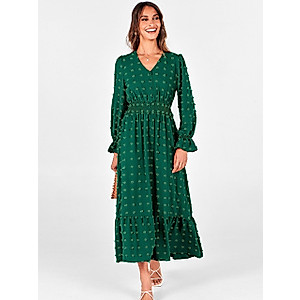 MASCOMODA Women Boho Maxi Dress 2024 Long Sleeve V Neck Swiss Dot Smocked High Waisted A-Line Ruffle Tiered Long Dress(X-Large, Dark Green)