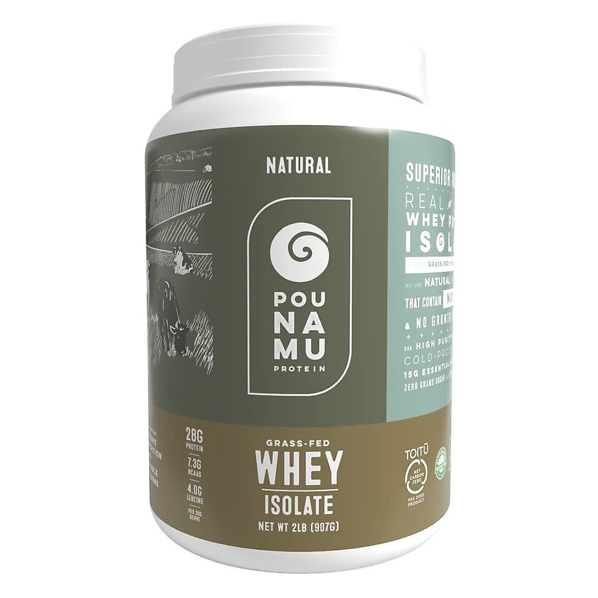 Pounamu Natural Whey Protein Isolate Powder, 28g Protein, 7.3g BCAAs, 4g Leucine | New Zealand Free-Range, Grass-Fed Dairy | Gluten-Free, Keto, Kosher | 2LB, 30 Servings