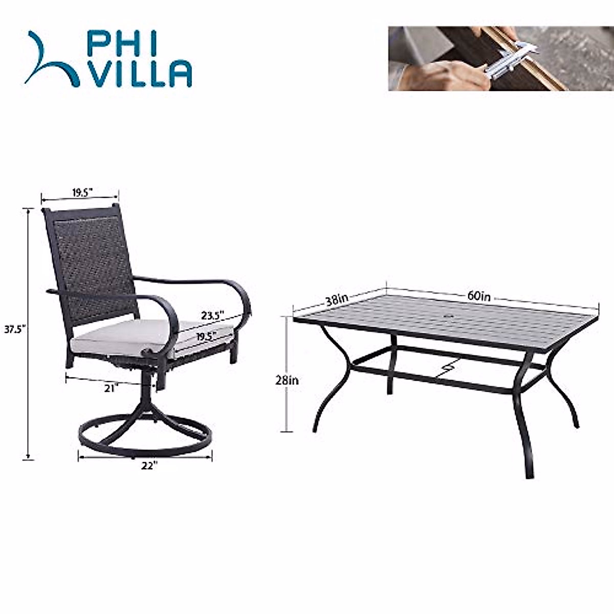 PHI VILLA Outdoor Patio Dining Set of 7, Rectangular Metal Steel Steel Slat Patio Dining Umbrella Hole Table, 6 Rattan Swivel Chairs with Cushion Furniture Set for Home Patio Porch Yard Garden Deck