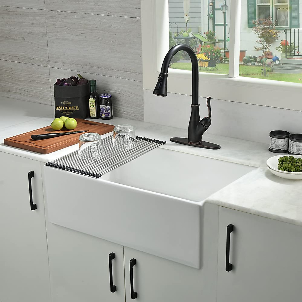 BoomHoze White Farmhouse Sink 33 inch Farmhouse Kitchen Sink Single Bowl Fireclay Apron Farm Sink Large Porcelain White Kitchen Sink Deep Farmers Sink