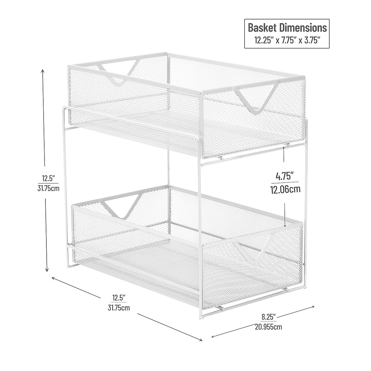 Mind Reader Sliding Metal Baskets, Cabinet Storage Organizer, Home, Office, Kitchen, Bathroom, One Size, White 2 Tier Mesh