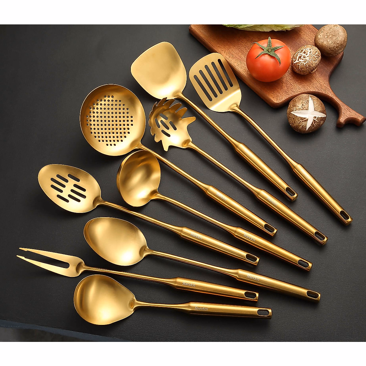 Gold Kitchen Utensils Set, Standcn 9 PCS 304 Stainless Steel All Metal Cooking Tools with Meat Fork, Solid Spoon, Slotted Spoon, Spatula, Ladle, Skimmer, Slotted Spatula, Spaghetti Server, Large Spoon