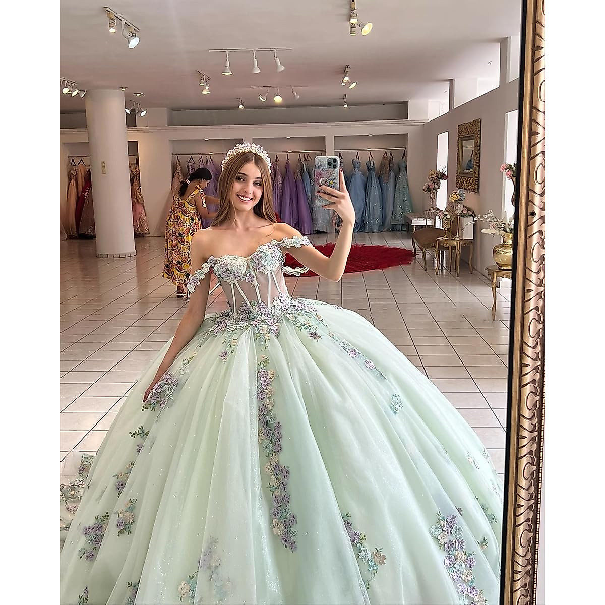 Mouccy Lace Sky Blue Quinceanera Dresses 2024 Beaded Pearly Ball Gowns Floral Off Shoulder Sweet 16 Dresses Petite