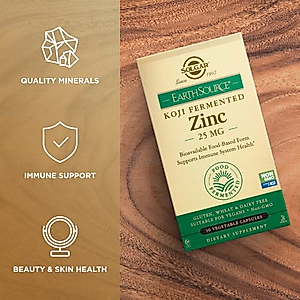 Solgar Earth Source Food Fermented Koji Zinc 25mg, 60 Vegetable Capsules - Higher-Absorption, Bioavailable Zinc for Immune & Skin Health - Non-GMO, Vegan, Gluten Free, Dairy Free, Kosher - 60 Servings