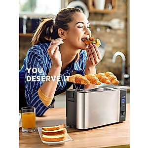 DyBaxa Stainless Steel Toaster 4 Slice Smart LED, Toaster 2 Slice Long Slot, 4 Slice Toaster Wide Slot for Bagel Sourdough Artisan Croissant Muffin, 6 Browning Control, Warming Rack, Crumb Tray