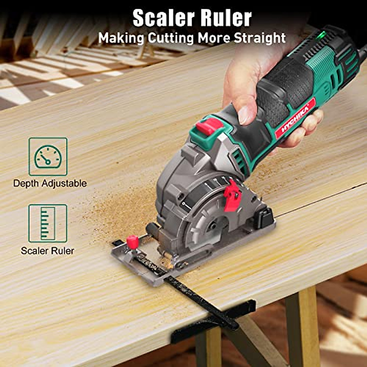 Mini Circular Saw, HYCHIKA Compact Circular Saw Tile Saw with 3 Saw Blades 4A Pure Copper Motor, 3-3/8”4500RPM Ideal for Wood, Soft Metal, Tile and Plastic Cuts, Laser Guide, Scale Ruler