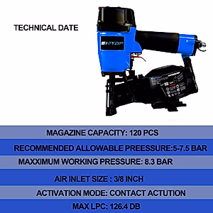 BHTOP CN45N Roofing Nailer, 15 Degree Roofing Nail Gun, 3/4-Inch to 1-3/4-Inch Coil Nails, 120-pcs Load Capacity Coil Nailer in Blue