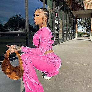 Womens 2 Piece Velour Hoodie Jogger Tracksuit Two Piece Outfits for Women, Long Sleeve Full-Zip Up Velvet Crop Tops Jacket Flared Pants Fall Lounge Matching Sets Sportswear Jogging Sweatsuit Pockets