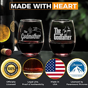 The Godfather & Godmother Etched Stemless Wine Glass Set - Premium Quality Licensed, Handcrafted Glassware - A Perfect Collectible Gift for Godparents, Movie Lovers & Special Occasions